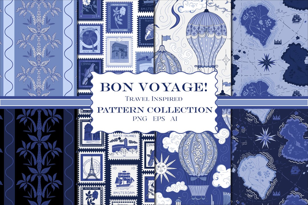 Bon Voyage Blue and White Patterns, Travel Inspired Patterns, Hot Air ...
