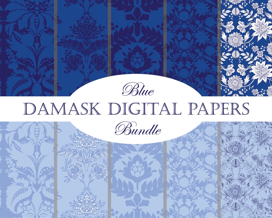 Blue Damask Digital Paper: Scrapbook Pattern Bundle (PNG, DPI 300 ...