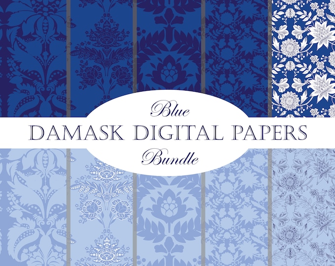 Blue Damask Digital Paper - Ivory & Navy Formal Background Paper 12x12 ...
