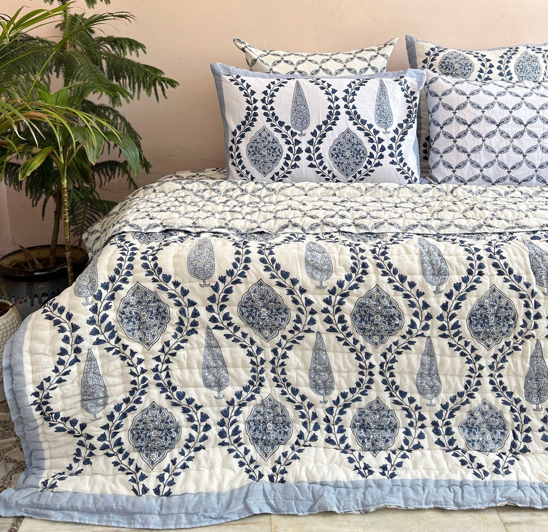 Hand Block Print Quilted Bedspread, Queen Quilt, Indian Cotton Quilt ...