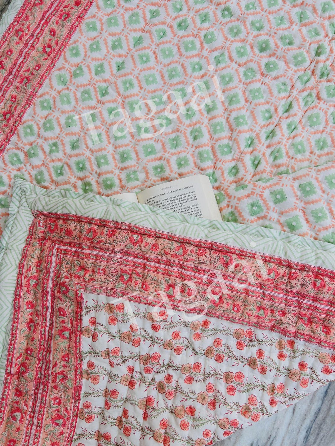 Reversible Block Printed Indian Cotton Quilt, King Size Floral Bedding ...