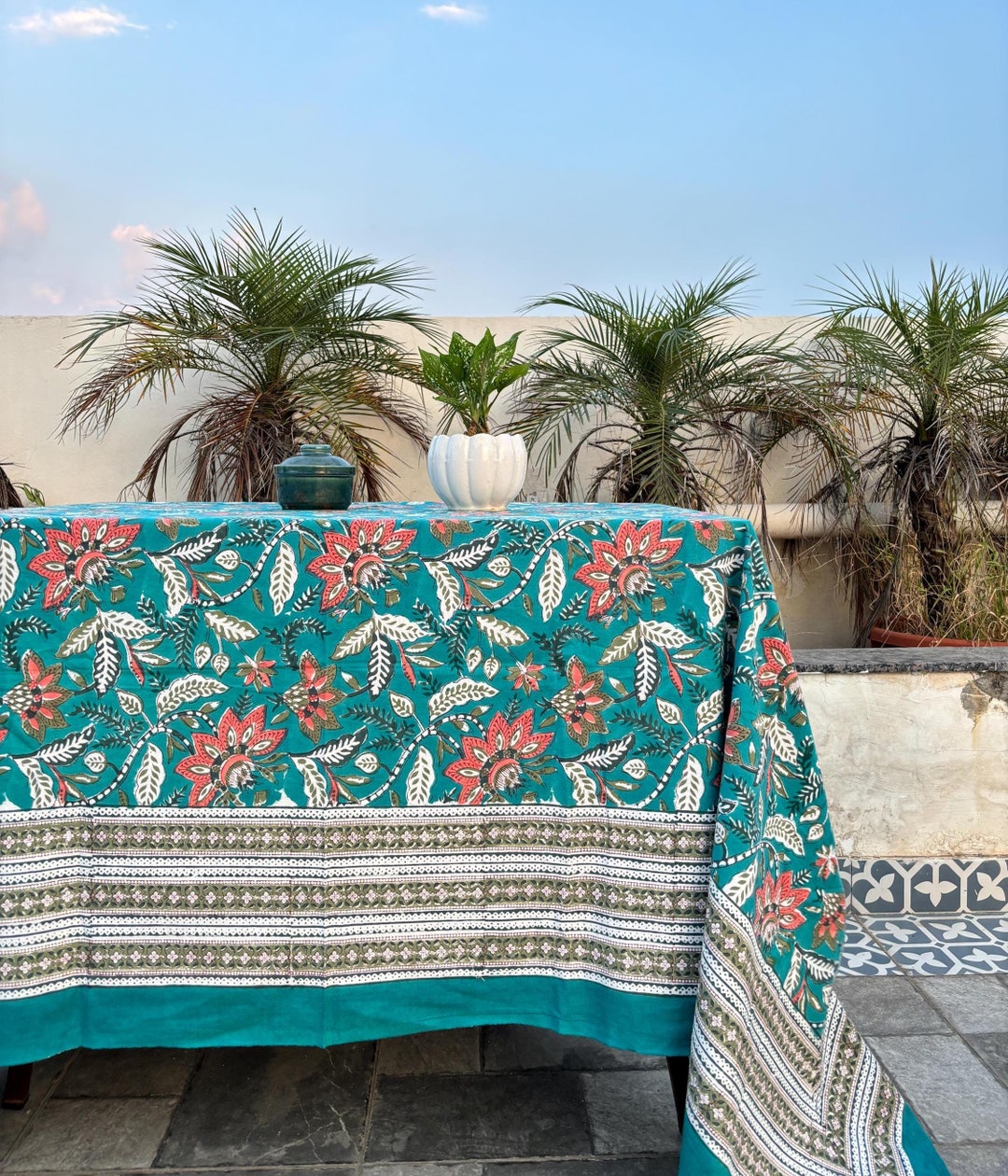 Indian Block Print Tablecloth, Green Floral Table Cover, Handmade ...