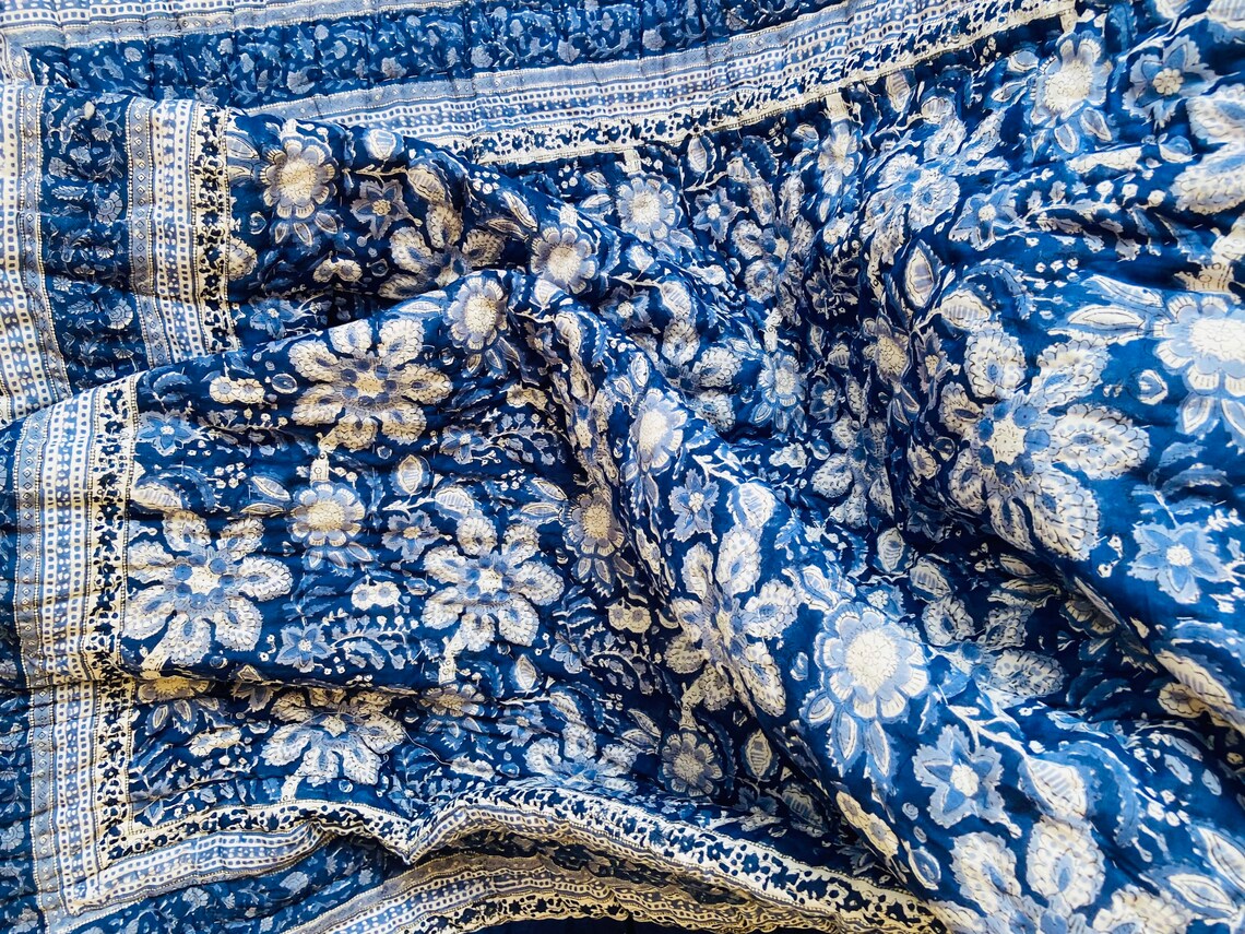 Hand Block Print Blue Quiltqueen Quiltindian Kantha - Etsy