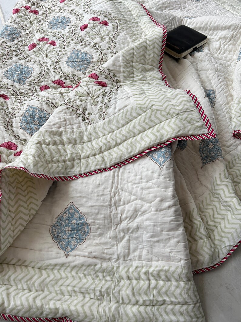 Green Reversible Block Print Quilt Handmade Floral Lightweight Quilt ...