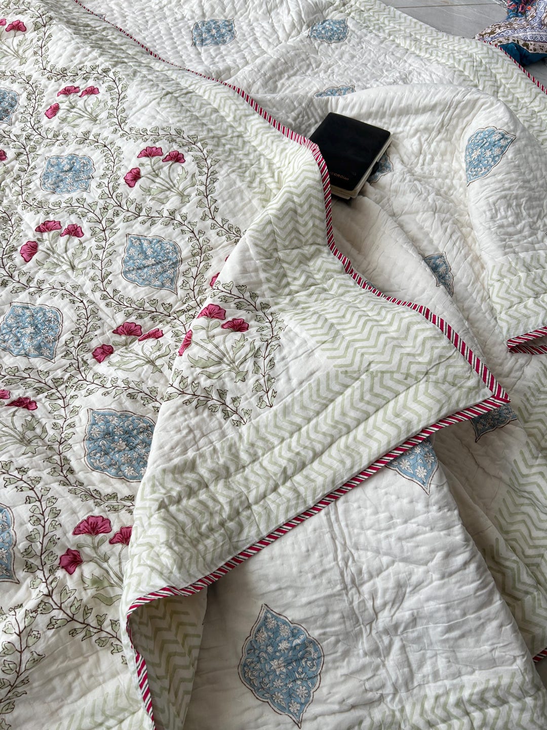 Green Reversible Block Print Quilt Handmade Floral Lightweight Quilt ...