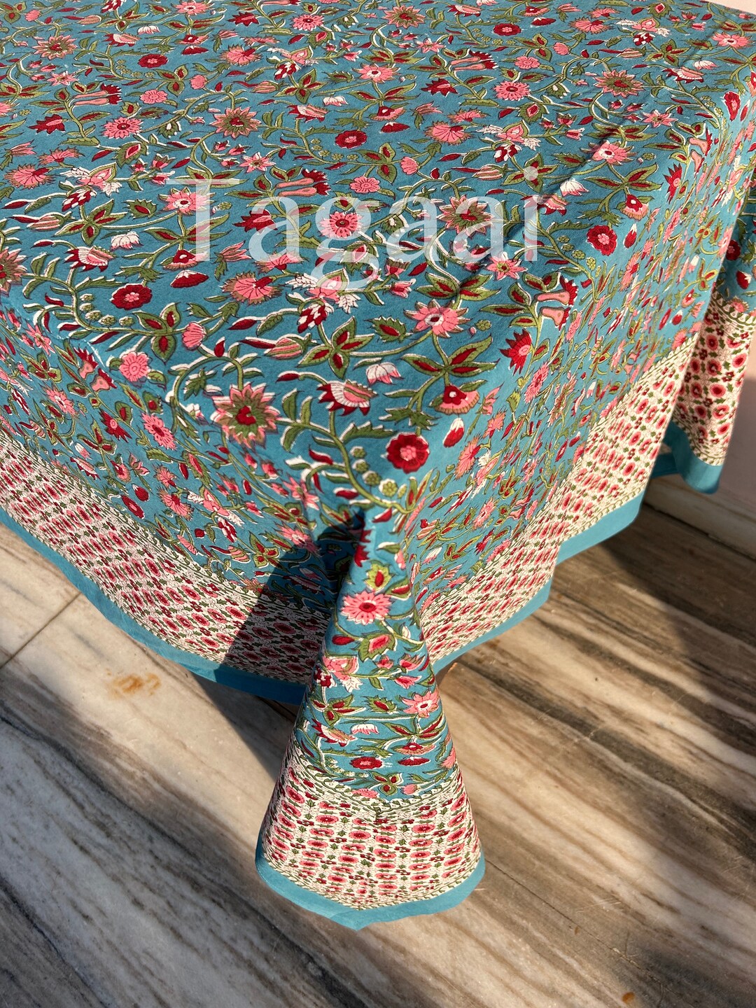 Blue Poppy Flower Block Print Tablecloth: Cotton Boho Table Cover - Etsy
