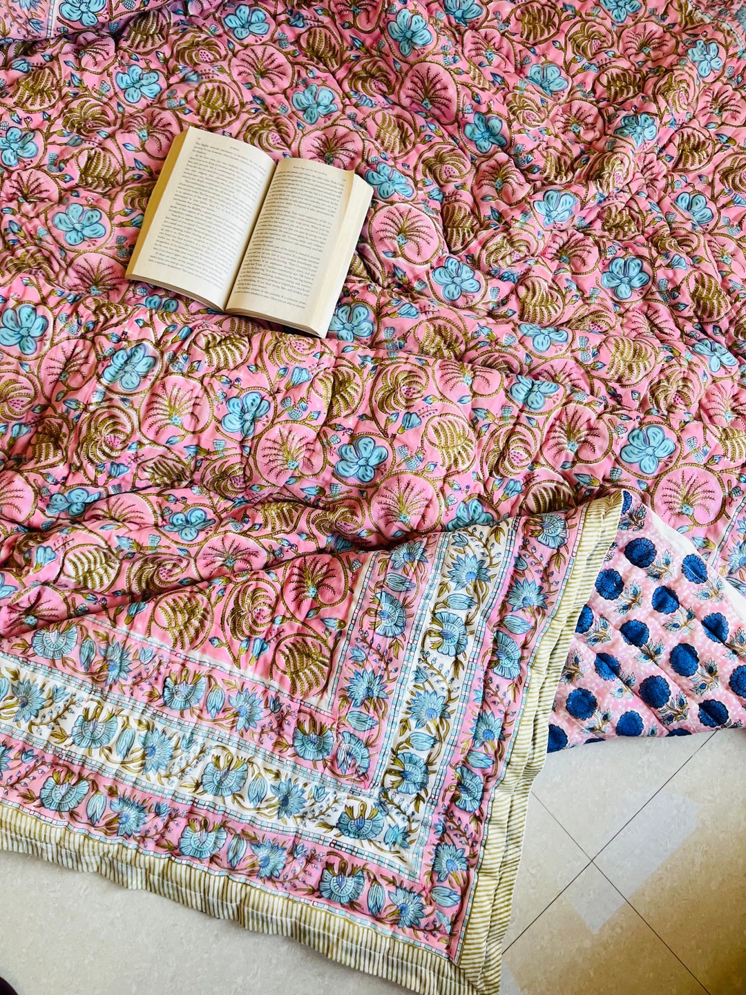 Reversible Jaipuri Razai,hand Block Print Pink Quilt,light Weight Soft ...