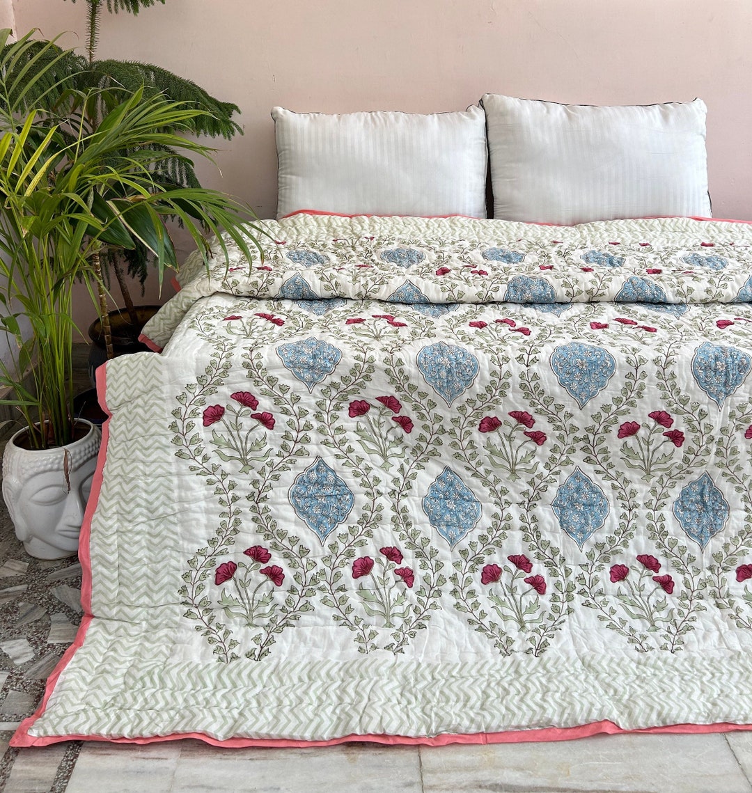 Organic Cotton Quilt, Hand Block Printed Floral Quilt, Reversible ...