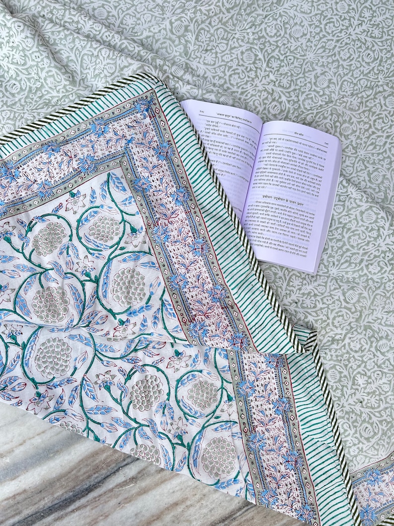 Block Printed Cotton Dohar Quilt: Bohemian Floral Bedspread - Etsy