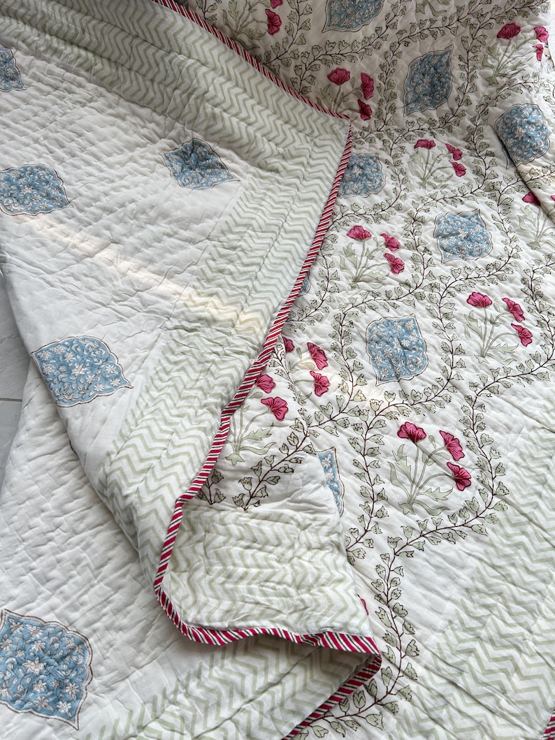 Green Reversible Block Print Quilt Handmade Floral Lightweight Quilt ...