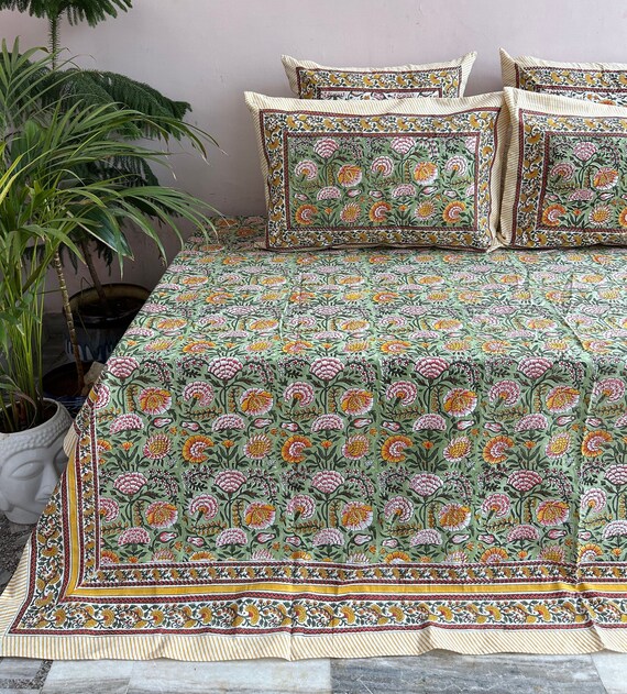 Block Print Bedsheet Indian Bed Sheets Floral Bedding Set 2 Pillow Queen Sheet Vintage Gift Vintage Floral Block Print Bedsheet bedding Etsy