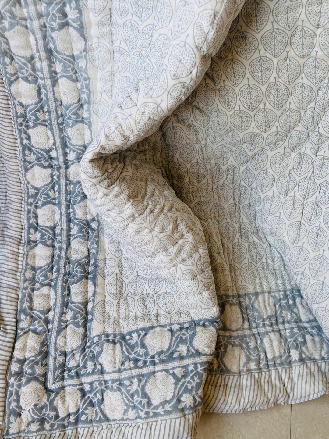 Hand Block Printed Cotton Quilt: Indian Floral Bedding, Reversible ...