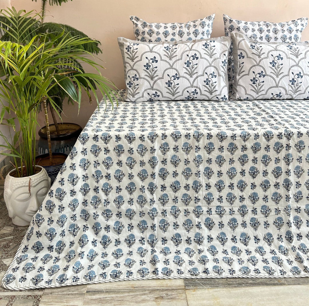 Indian Blue Cotton Floral Dohar Summer Blanket Coverlet Bohemian King ...