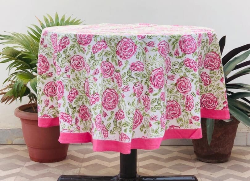 Pink Round Table Cloth Block Print Table Clothfloral Cotton - Etsy