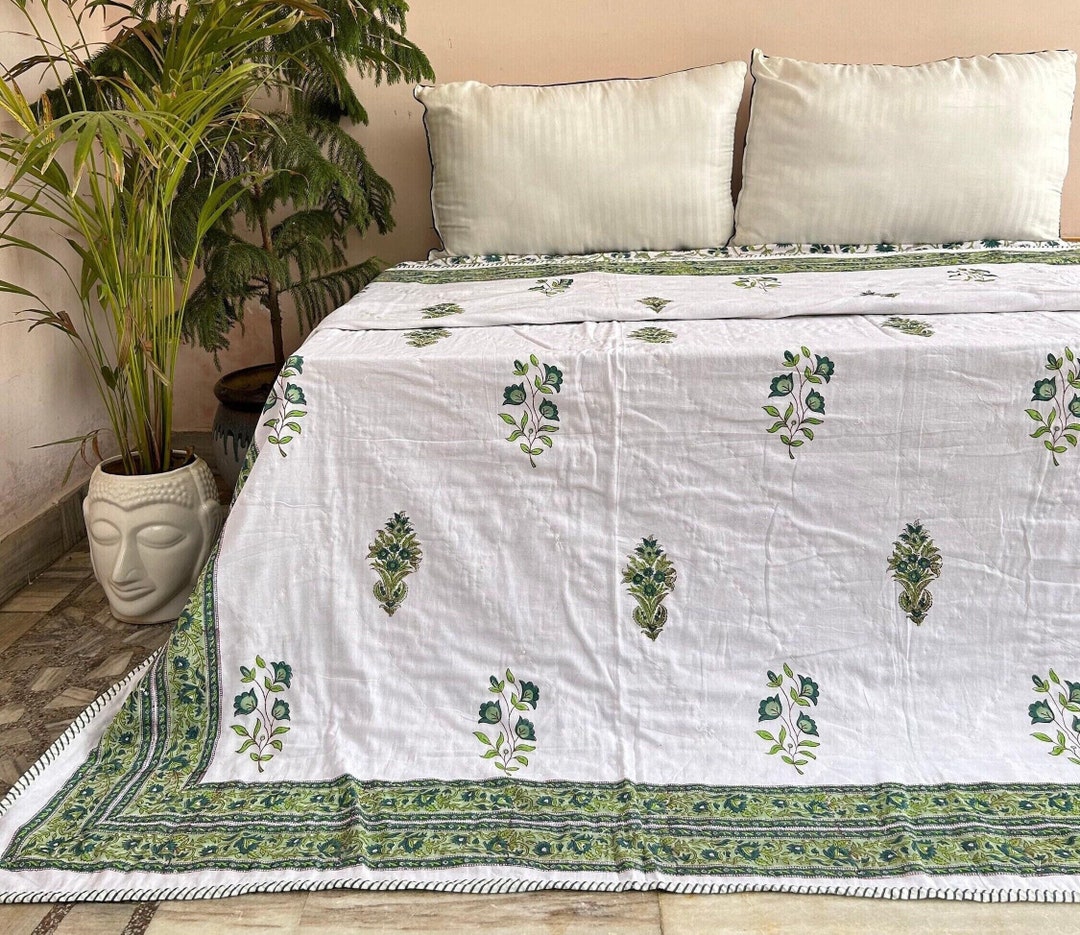 Indian Dohar Quilt/ Cotton Reversible Blanket/ Hand Block Print Floral ...