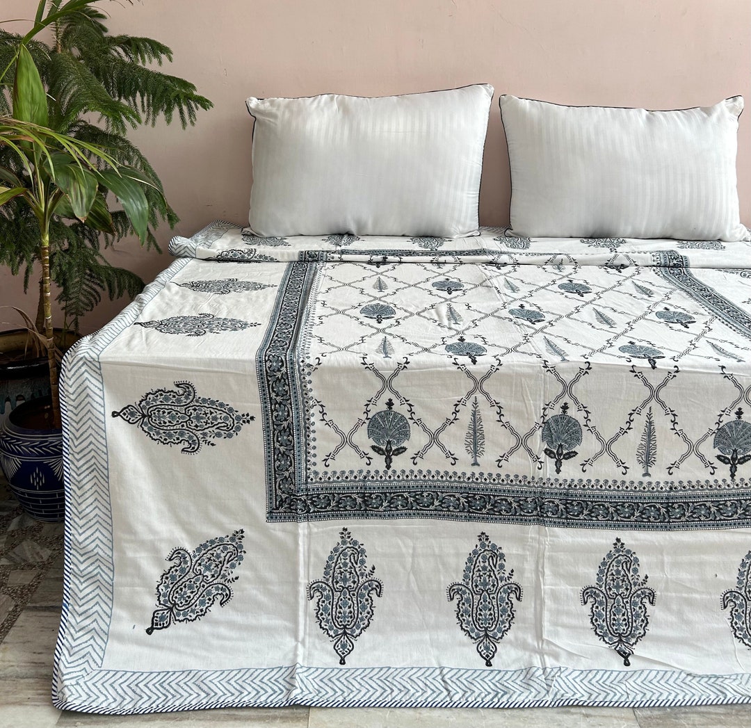 Hand Block Print Reversible Dohar, Indian Cotton Floral Blanket, Queen ...