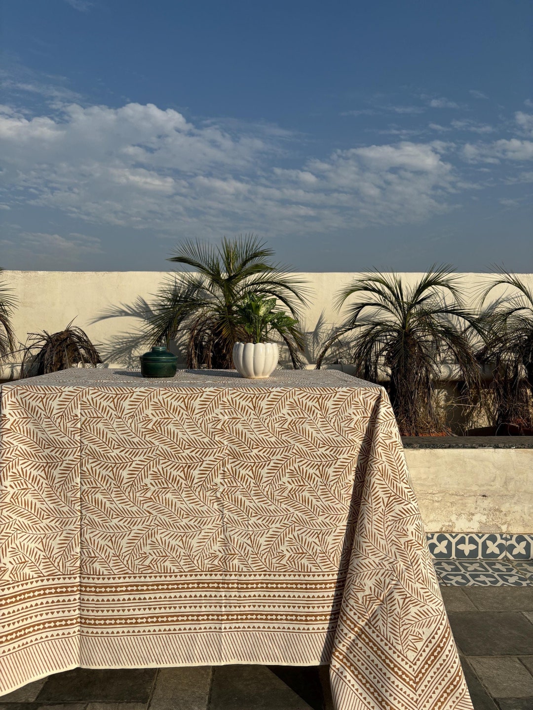 Handmade Block Printed Cotton Tablecloth: Brown Leaf Design - Etsy