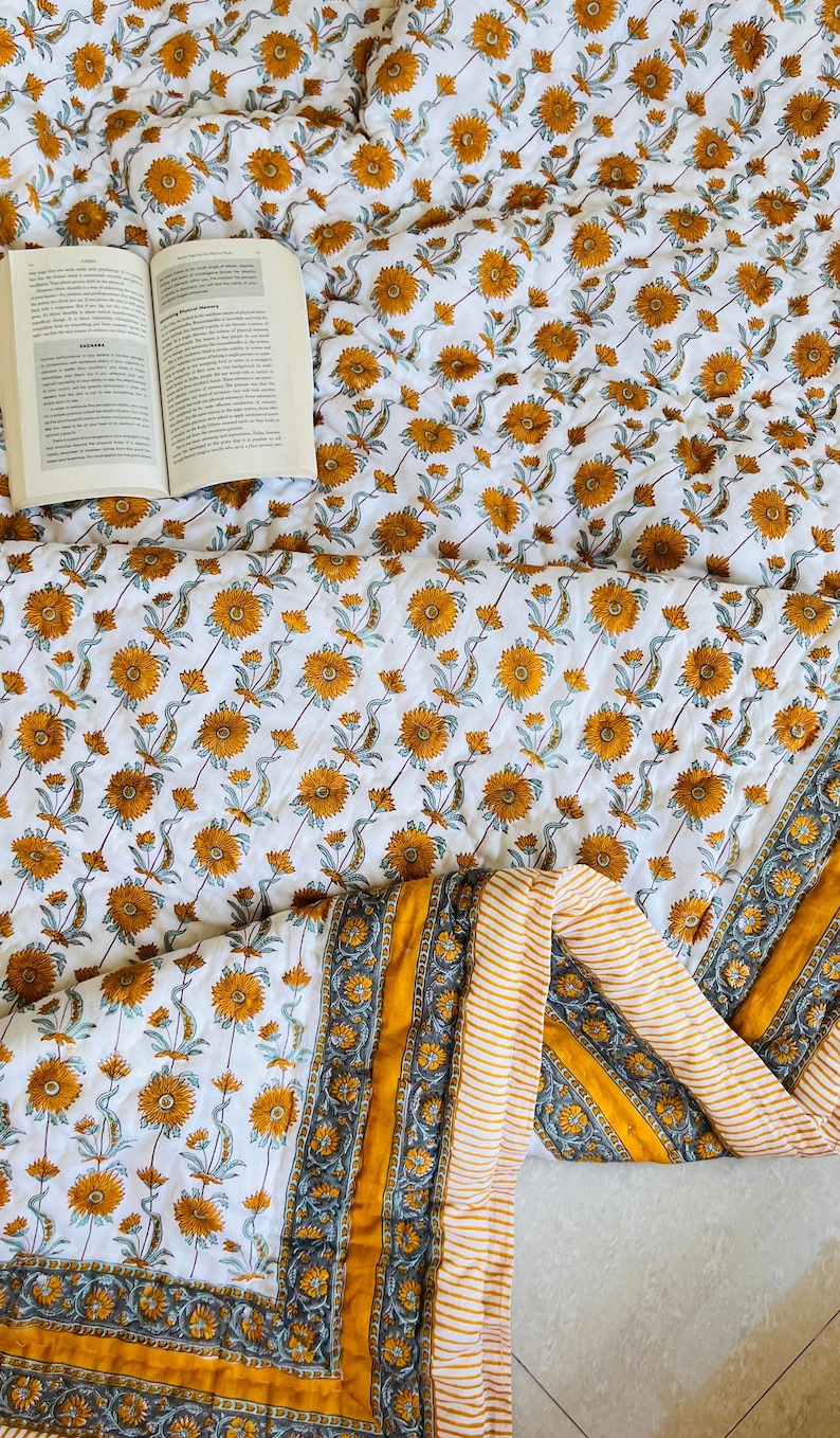 Floral Block Print Quilt: Handmade Reversible Cotton Bedspread - Etsy