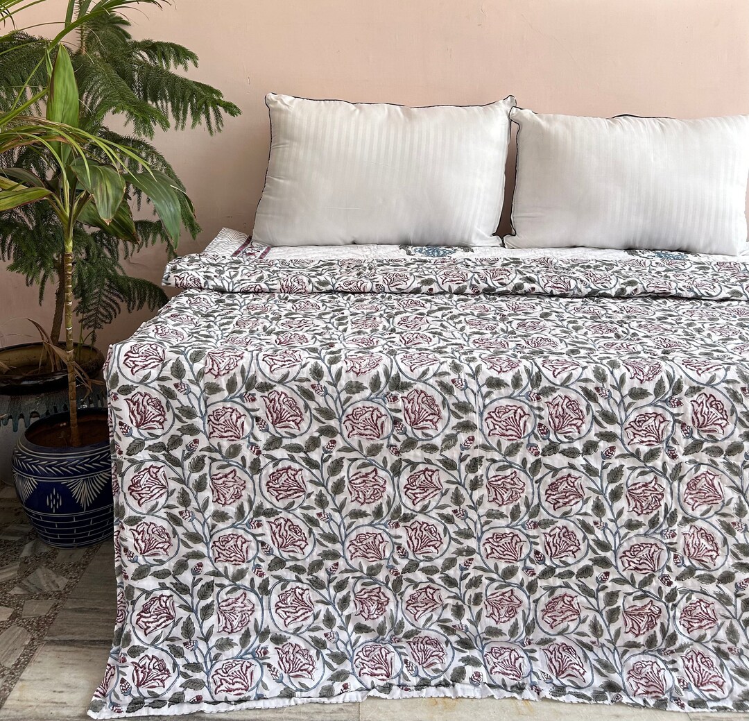 Reversible Block Print Cotton Quilt, Indian Handmade Soft Bedding ...