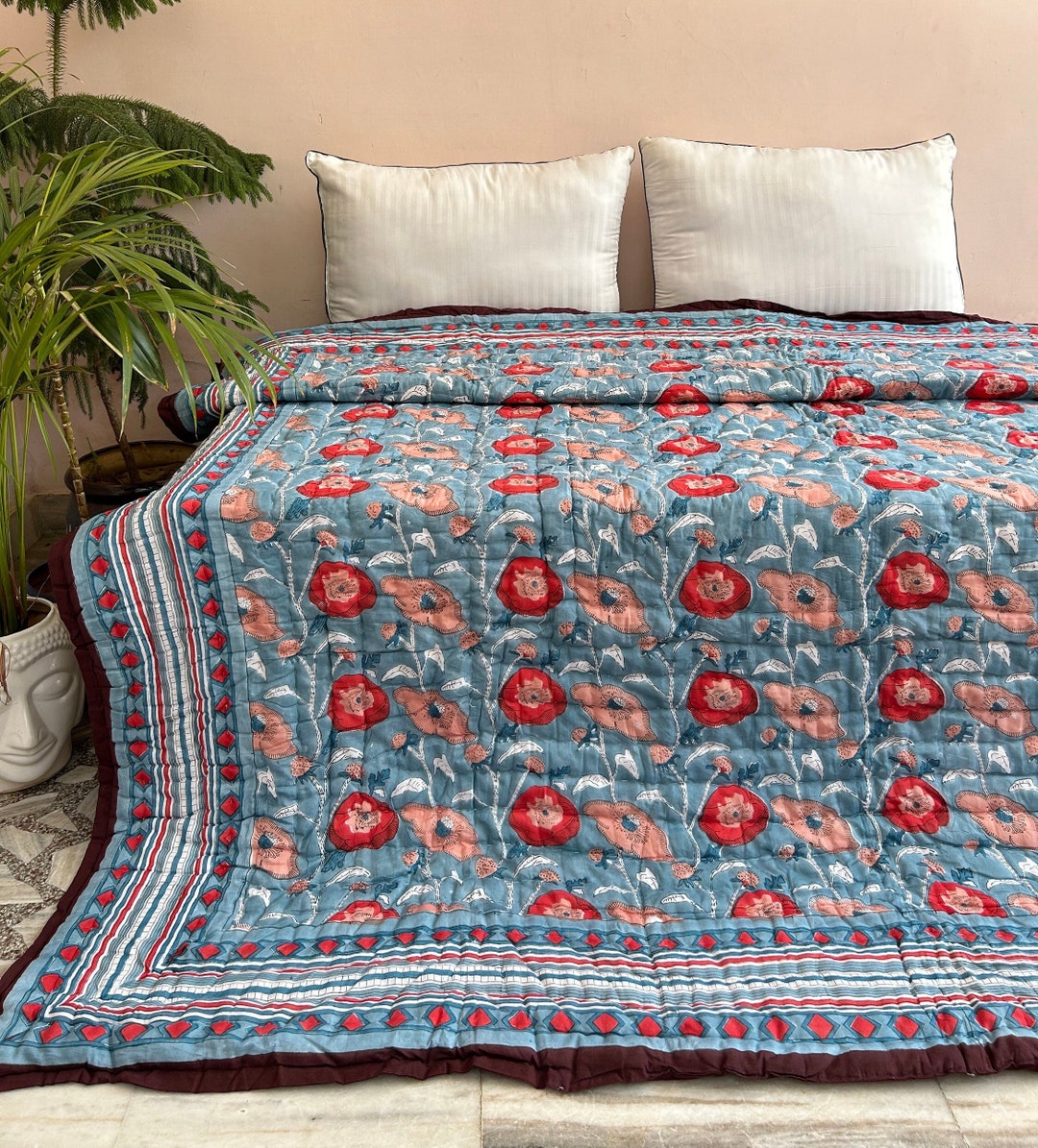 Queen Cotton Indian Bedding Quilt, Home and Living Quilt, Reversible ...