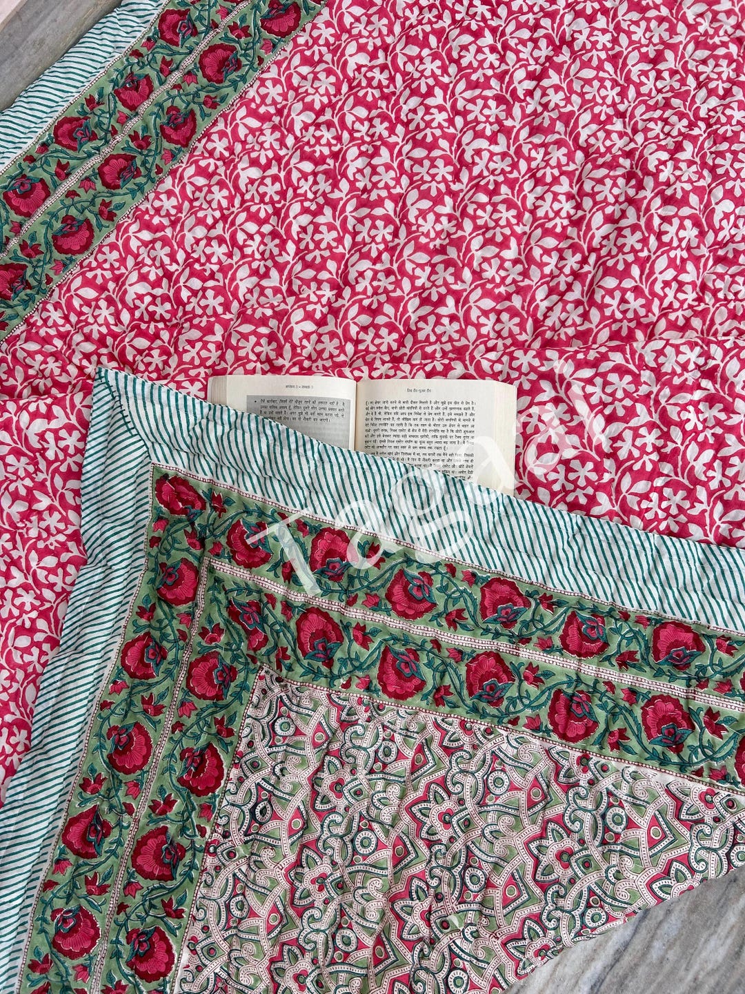 New Pink Green Cotton Quilt Hand Block Printed Comforter Floral Double ...