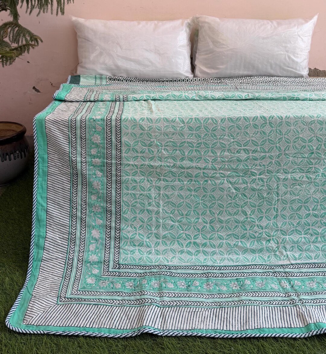 Forest Green Block Printed Indian Dohar Blanket Cover Queen Size Dohar ...