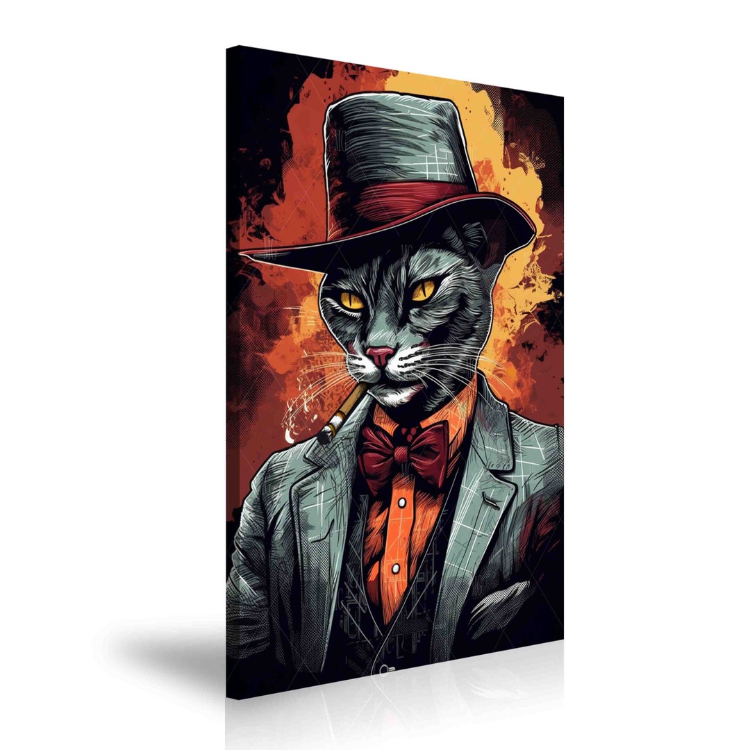 Cat Gangster Mob Boss Cigar Illustration Pop Art Stretched Canvas ...