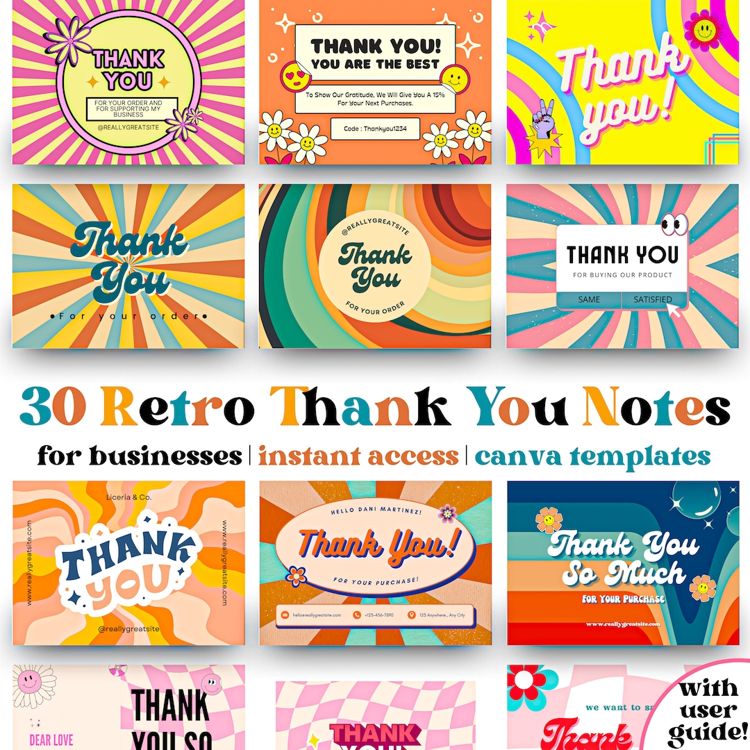 Retro Thank You Card Template Canva Editable Small Business Groovy ...