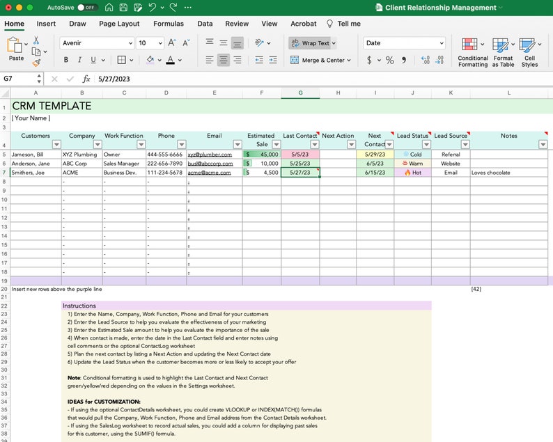 Customer Relationship Management Template Excel CRM Template Client ...