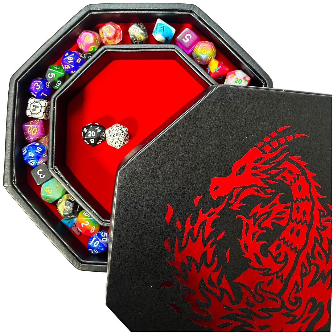 US Fantasydice Red Fire Dragon Dice Tray 8 Octagon With Lid and Dice ...