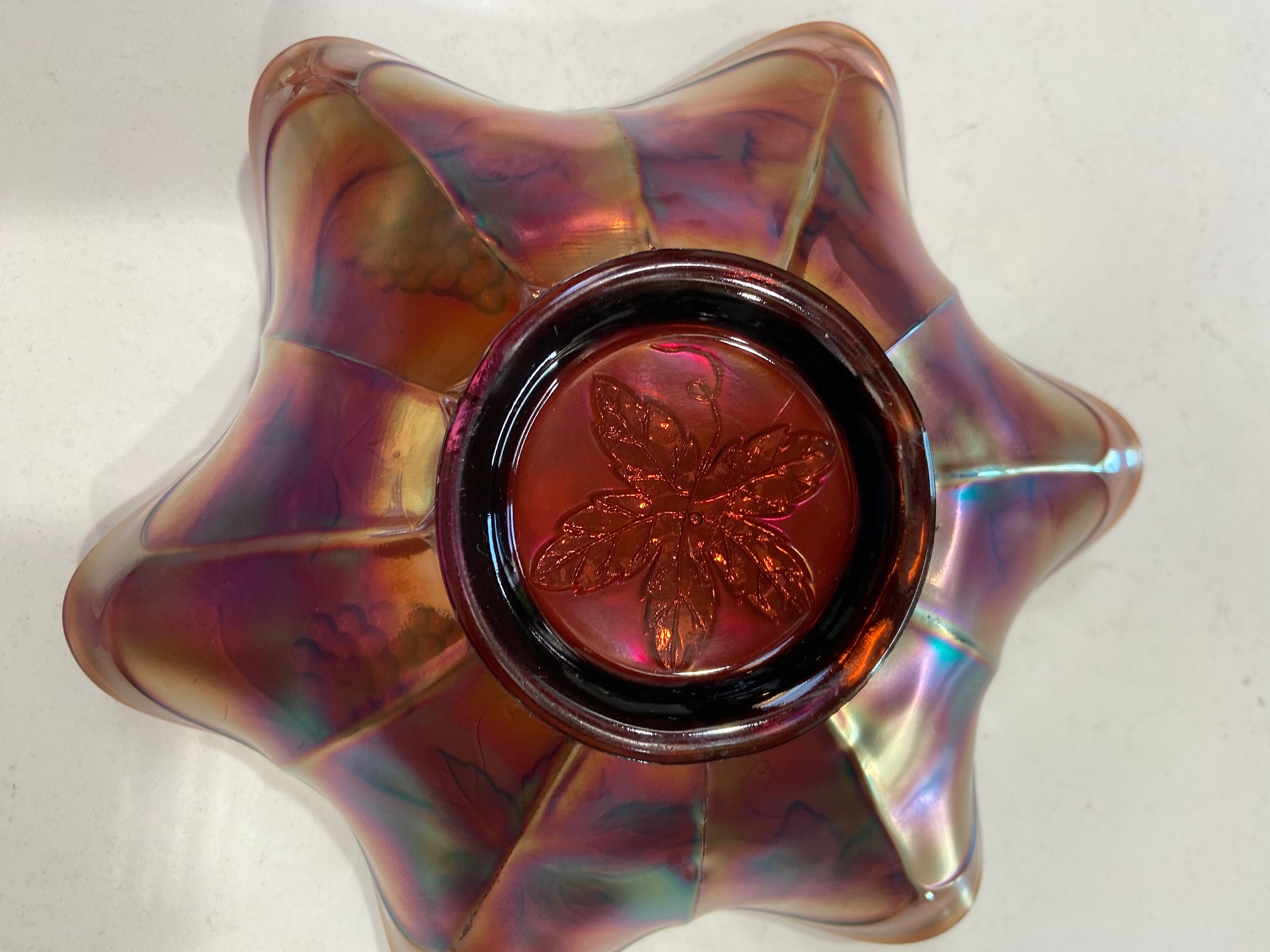 FENTON Amethyst Grape & Vine Carnival Glass Crimped Bowl 9 Wide ...