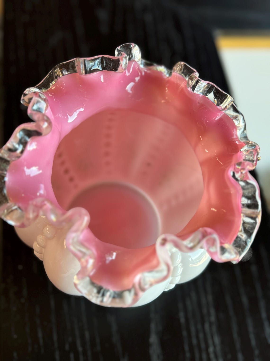 Fenton Beaded Melon Bowl Pink Overlay Silver Crest Double Crimped Rim ...