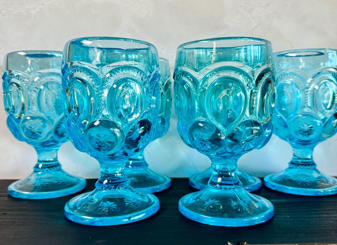 Rare Vintage Moon and Stars Aqua Blue Glass Goblets, 6 in Set - Etsy