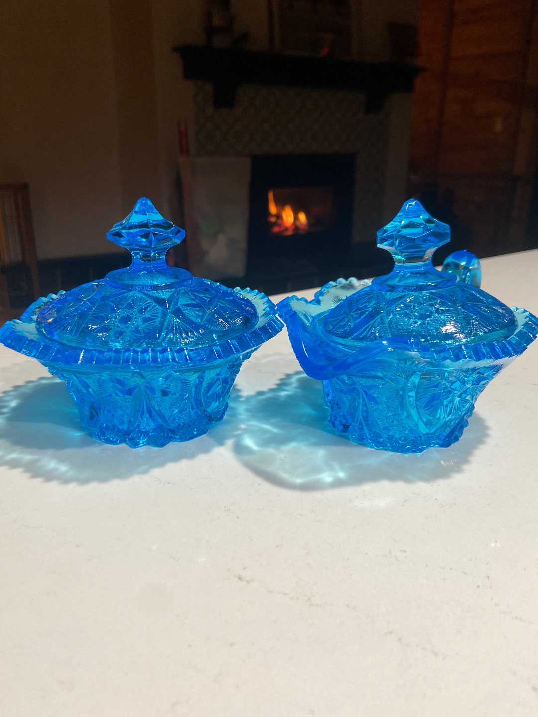 Kemple Wheaton Glass - Blue Aqua - Yutec Pattern - Creamer/sugar Set of ...