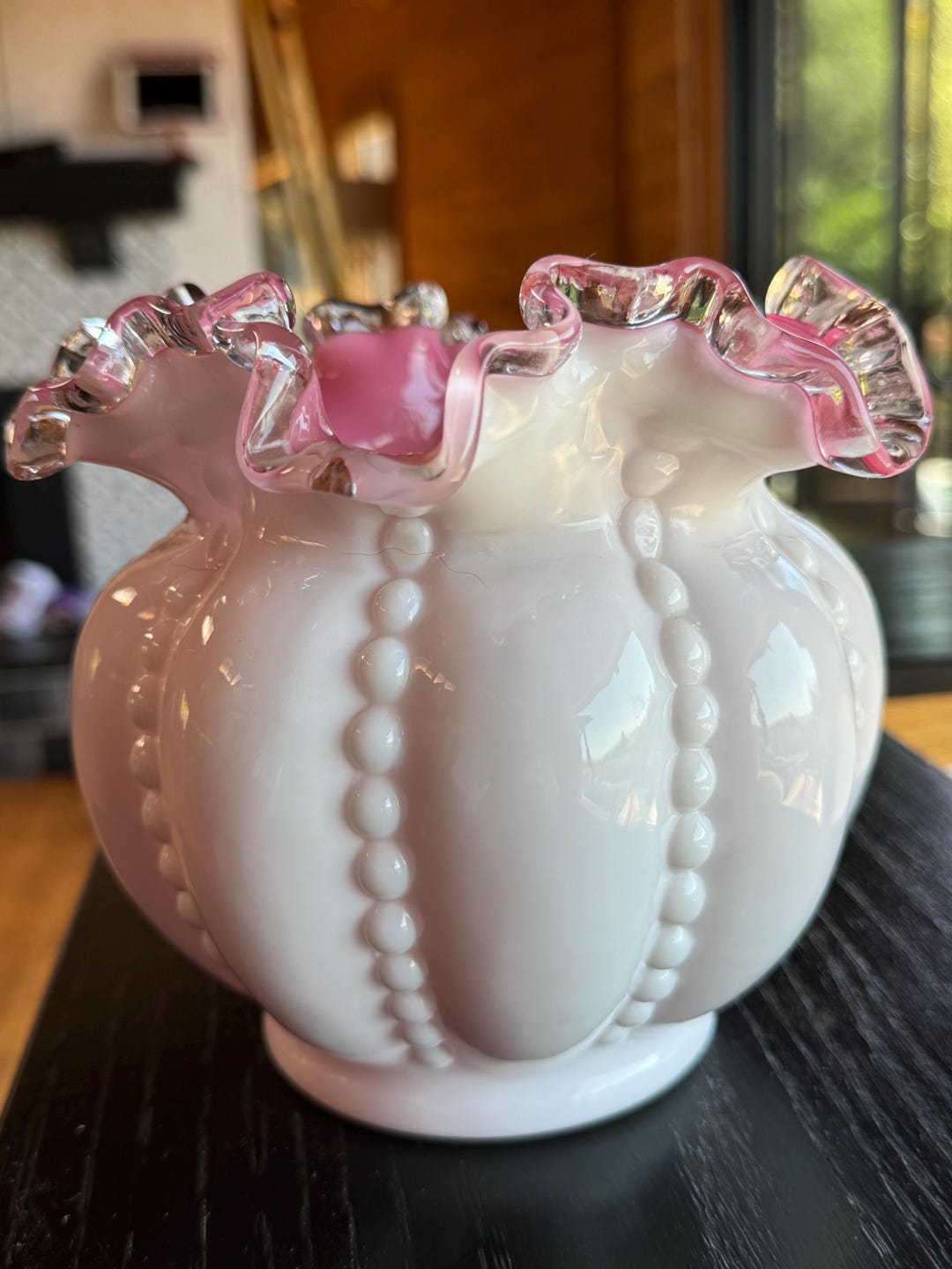 Fenton Beaded Melon Bowl Pink Overlay Silver Crest Double Crimped Rim ...