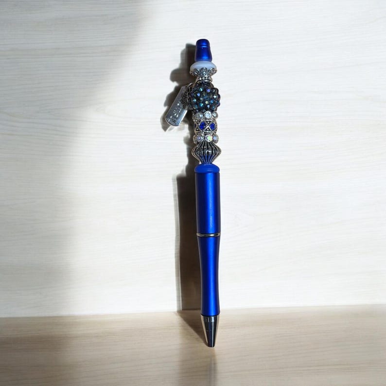 Handmade Beaded Ink Pen: Blue Writing Tool With Silver Charm - Etsy