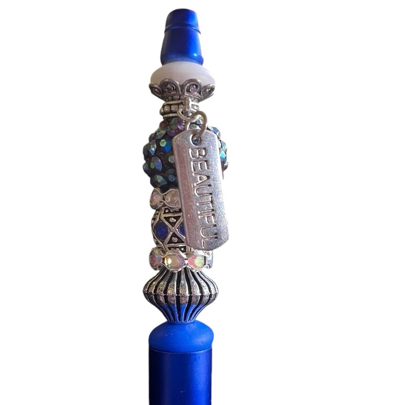 Handmade Beaded Ink Pen: Blue Writing Tool With Silver Charm - Etsy