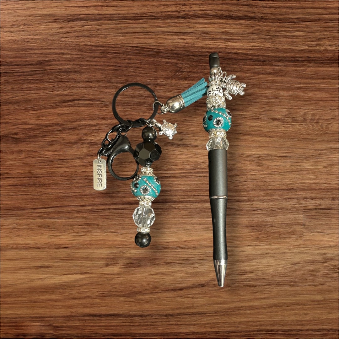 Original Beaded Keychain Handmade Key Holder and Pen Set Bling Key Ring ...