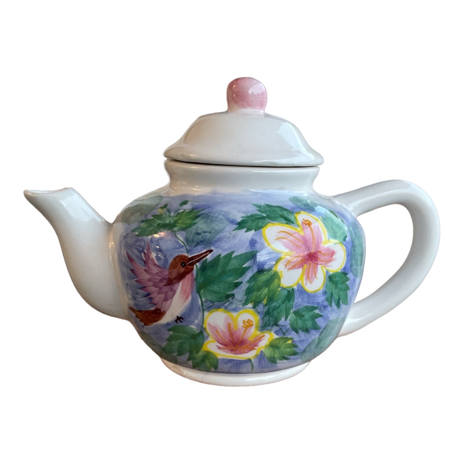 Vintage Porcelain Tea Pot With Lid Handle Multicolor Hummingbird ...