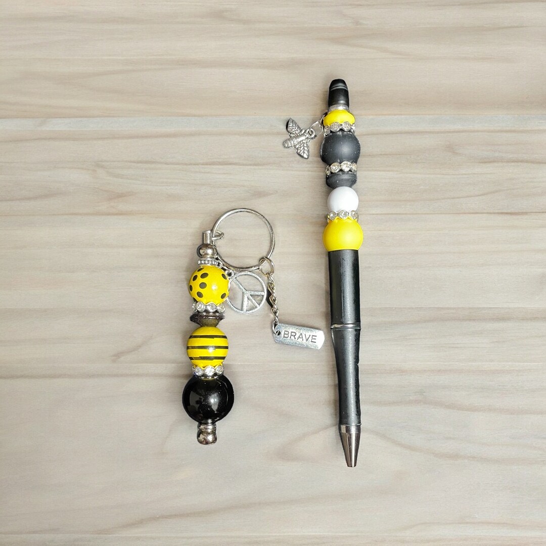 Handmade Beaded Keychain and Pen Set: Yellow, Black, and Silver Bee ...