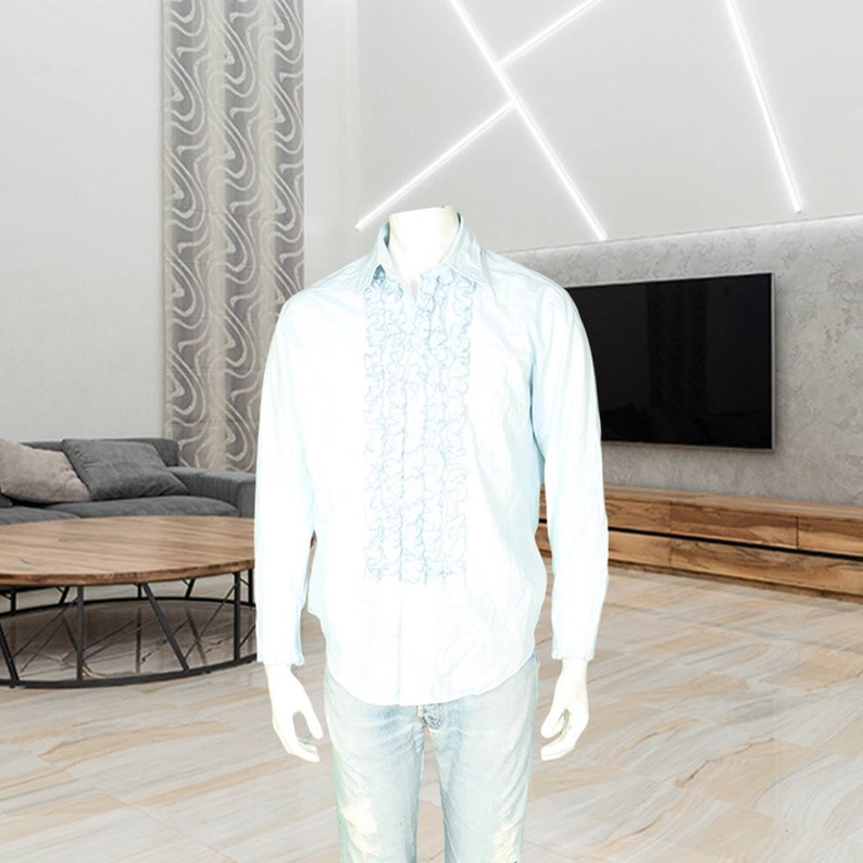 Vintage Ruffle Tuxedo Retro Disco Prom Formal Wedding Button Down Blue ...