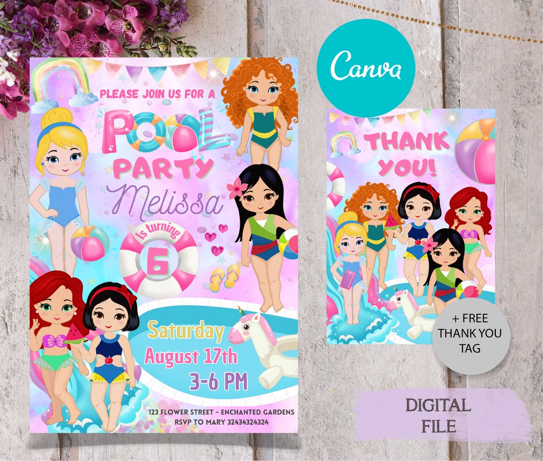 EDITABLE CANVA Princess Pool Party Invitations - Etsy