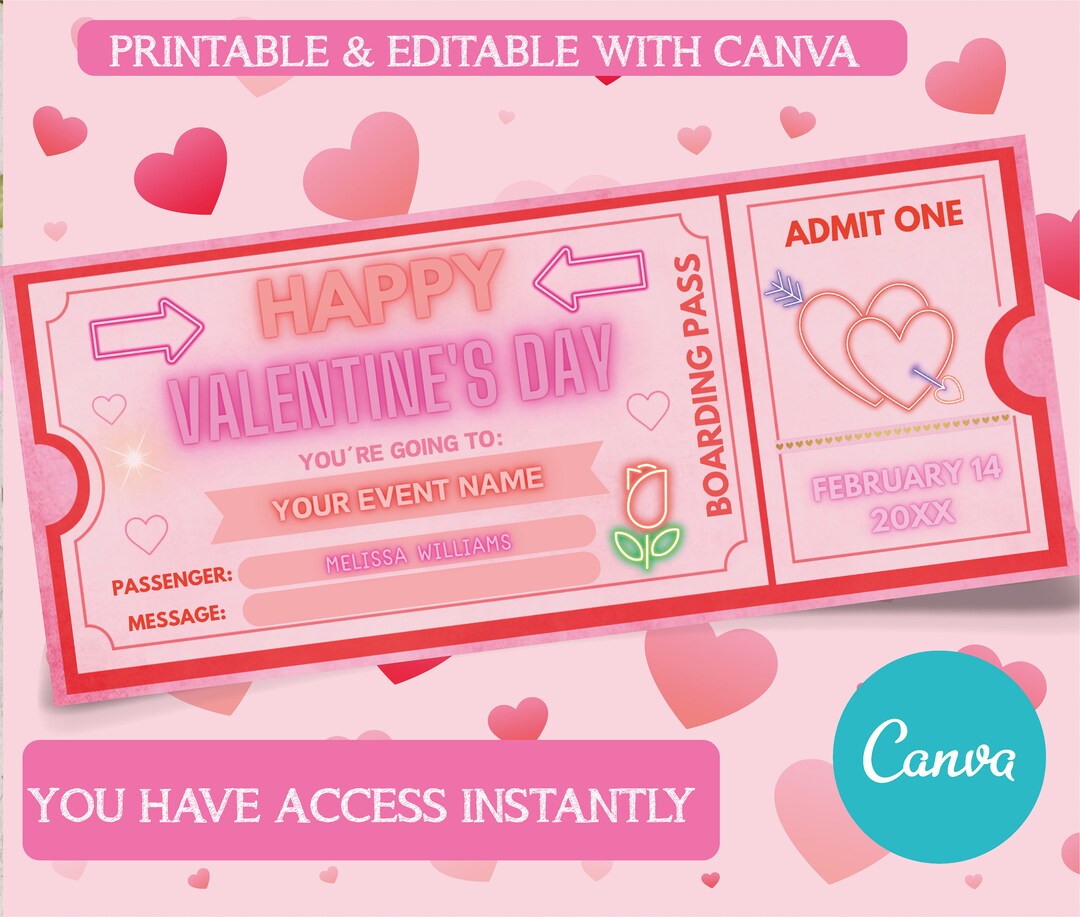 EDITABLE IN CANVA Valentine Surprise Gift Neon Ticket, Valentine's Day ...