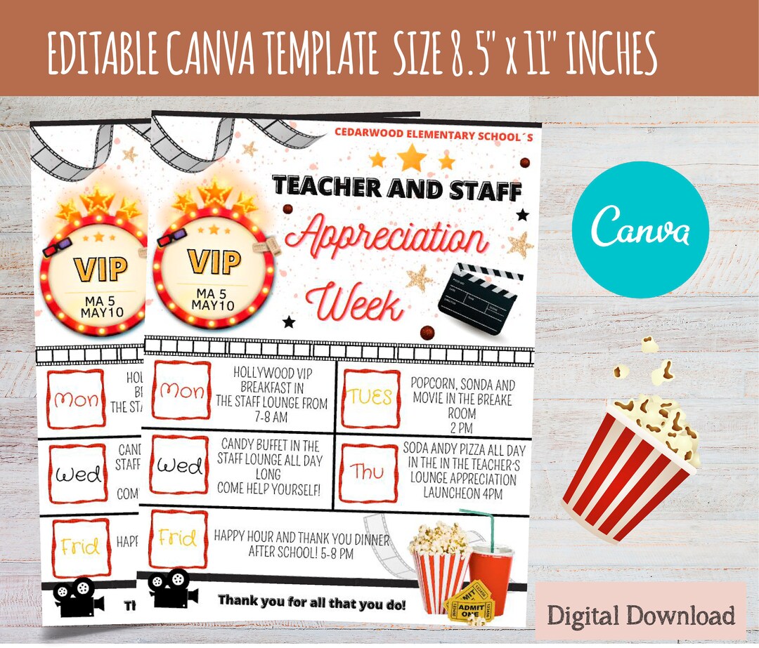 Editable CANVA Hollywood Movie Themed Teacher Appreciation Week ...