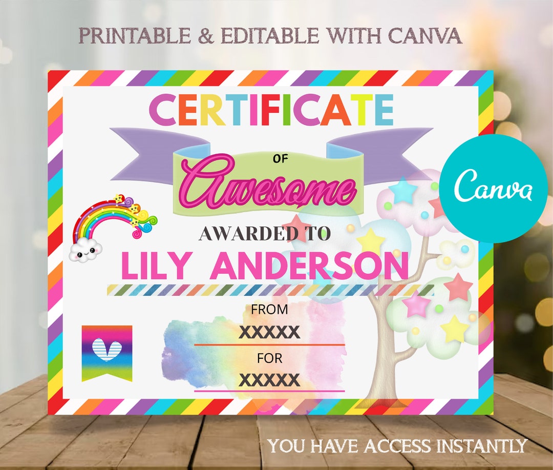 EDITABLE IN CANVA Certificate of Awesome Rainbow Digital - Etsy