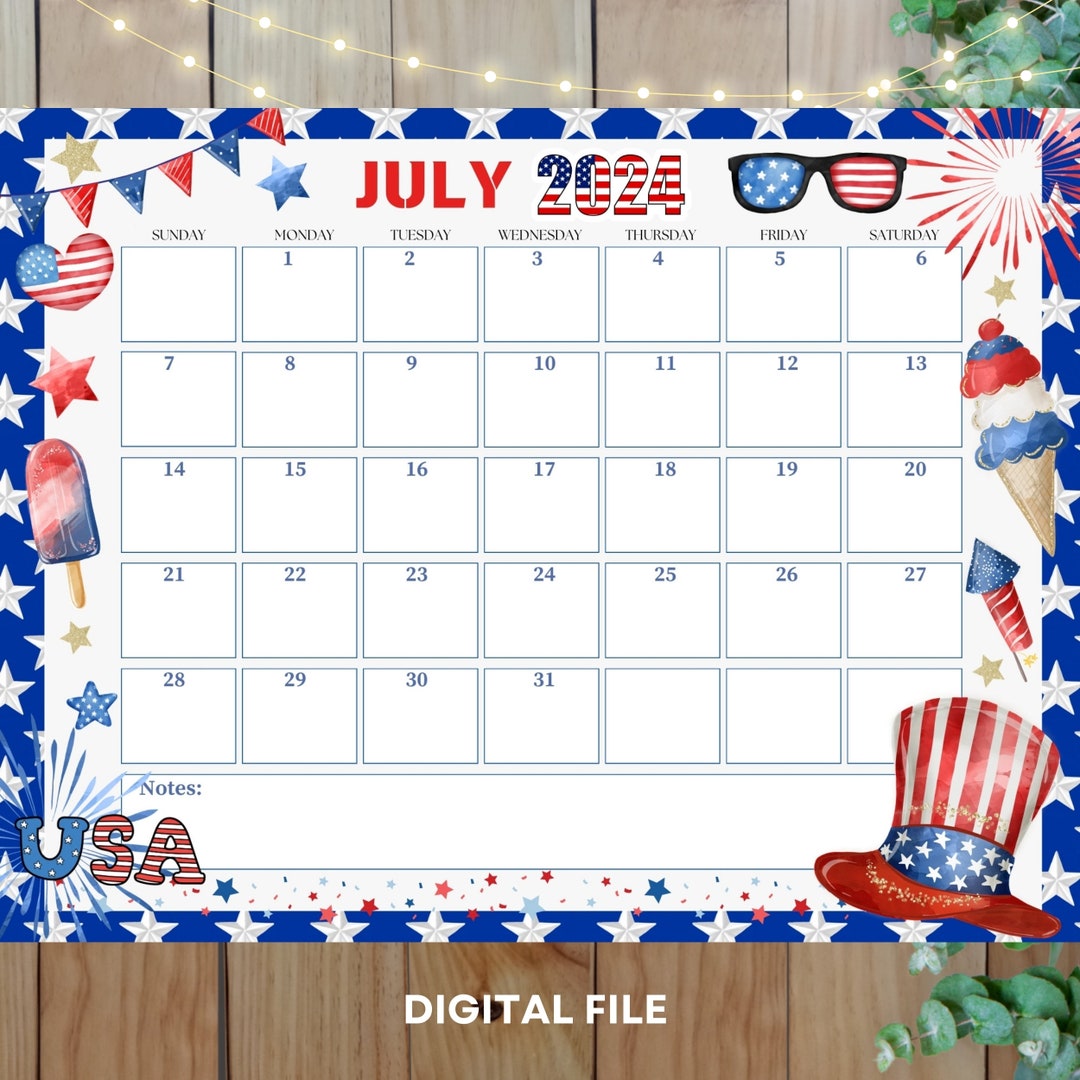 EDITABLE in PDF JULY 2024 Calendar, 4th July Calendar 2024 - Etsy