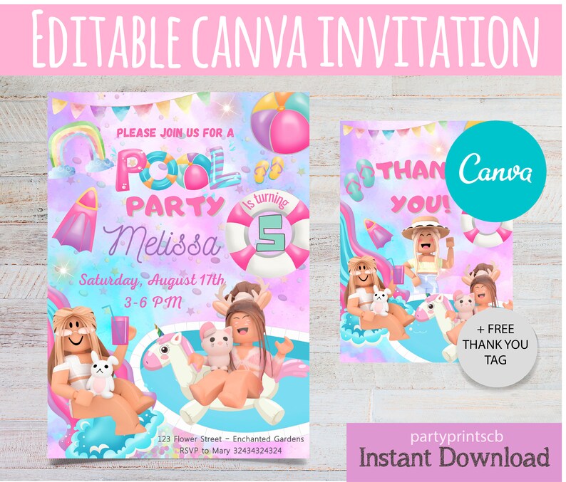 Editable CANVA Girl Roblox POOL PARTY Invitation Girl Roblox - Etsy
