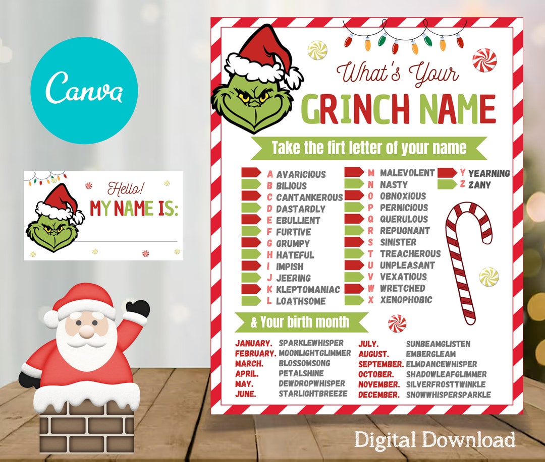 EDITABLE IN CANVA What's Your Grinch Name Game Christmas - Etsy España