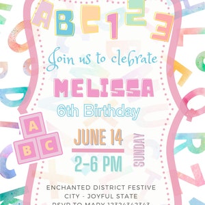 EDITABLE CANVA Girl ABC Alphabet Birthday Invitation - Etsy
