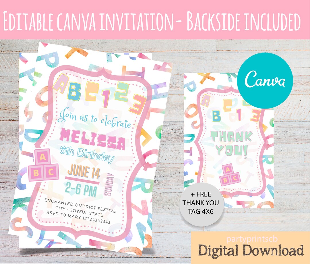 EDITABLE CANVA Girl ABC Alphabet Birthday Invitation - Etsy